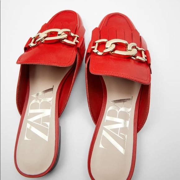 Zara | Shoes | Zara Red Leather Link Loafers Mules | Poshmark